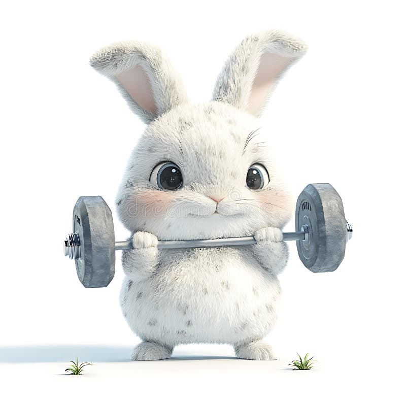 Adorable Fluffy White Bunny Lifting Weights Against White Background ...