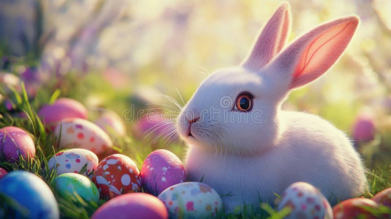 Adorable Fluffy White Easter Bunny among Colorful Eggs in Spring Grass ...