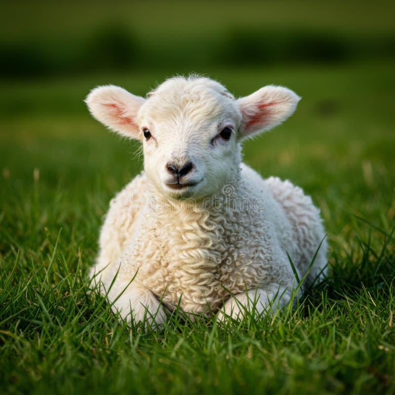 Adorable Fluffy White Lamb Resting in Green Grass Stock Illustration ...