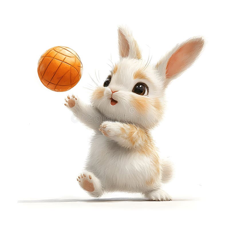 Adorable Fluffy White Rabbit Playing with Orange Ball 3D Render Stock ...