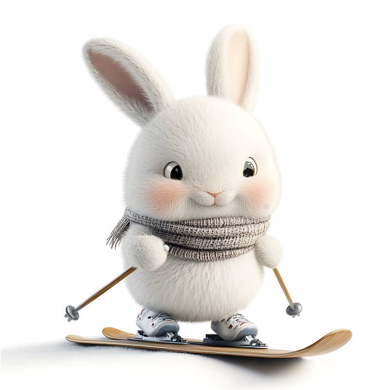 Adorable Fluffy White Rabbit Skiing in Winter Wonderland Stock ...