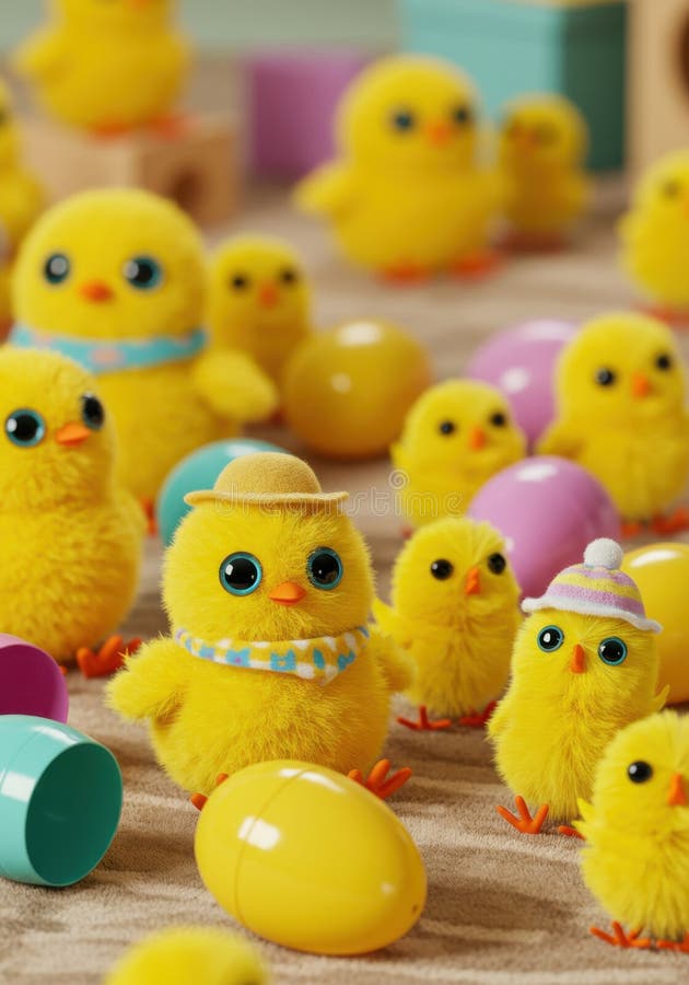 Adorable Fluffy Yellow Chicks and Easter Eggs Stock Illustration ...