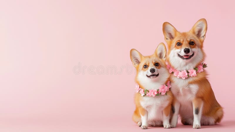 Adorable Fox and Corgi Duo with Floral Collars on Pink Background for ...