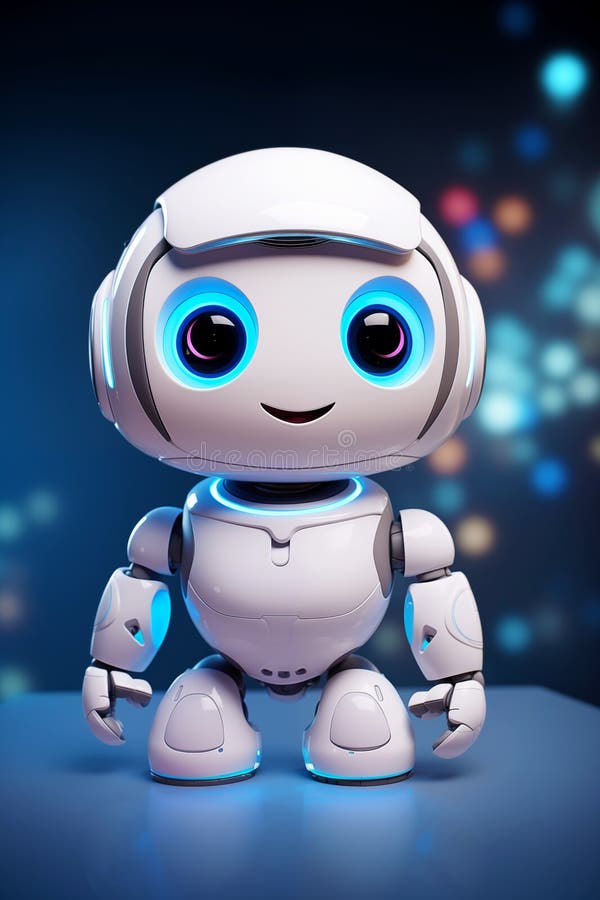 Adorable Friendly Robot with Large Expressive Eyes on a Blue Background ...