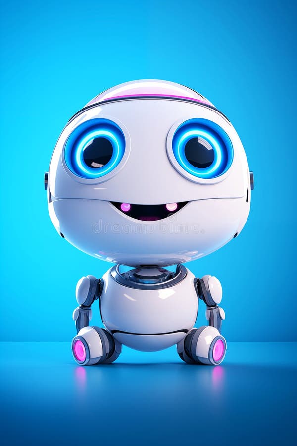 Adorable Friendly Robot with Large Expressive Eyes on a Blue Background ...