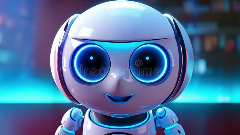 Adorable Friendly Robot with Large Expressive Eyes on Blue Background ...