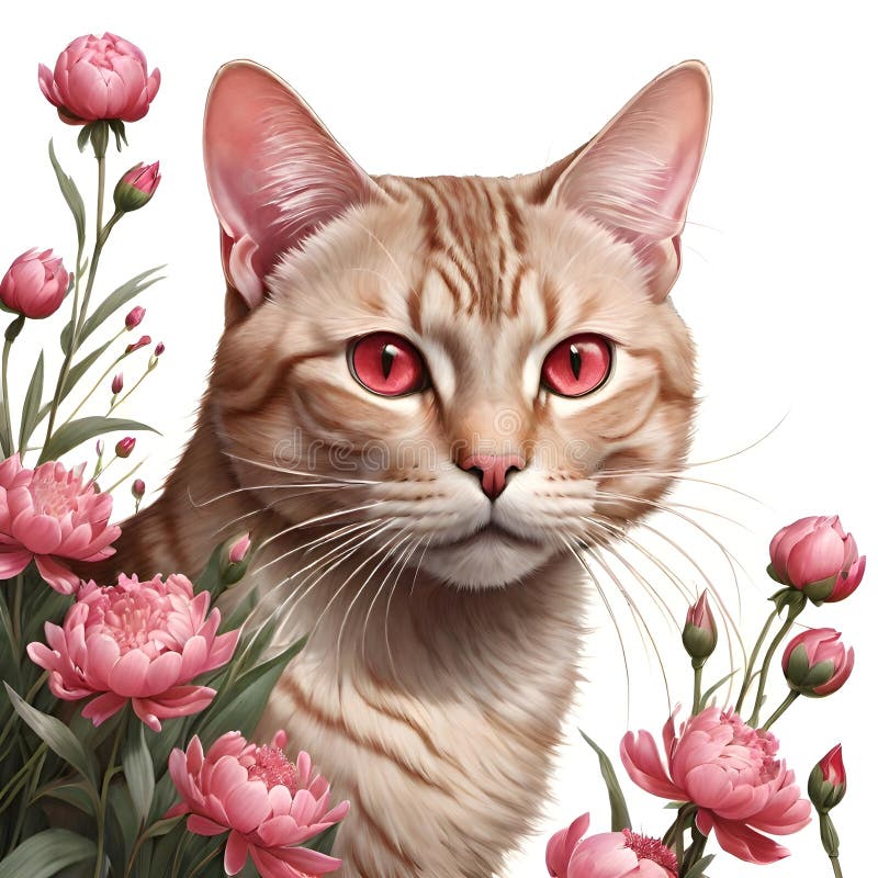 Adorable Furry Cat with Lush Pink Flowers in Spring Setting Stock ...