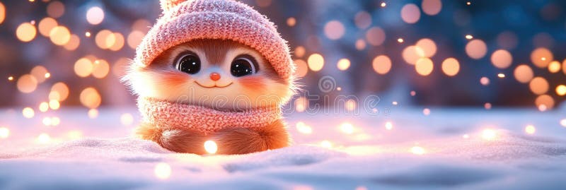Adorable Furry Creature in Winter Hat Surrounded by Festive Lights ...