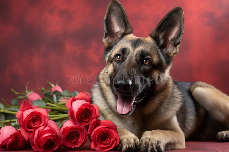 Adorable German Shepherd Dog Surrounded by Vibrant Red Roses - Ideal ...