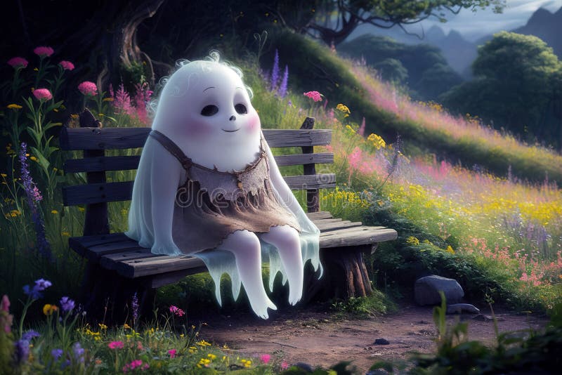 Adorable Ghost Sitting on Rustic Bench in Lush Enchanted Forest Stock ...