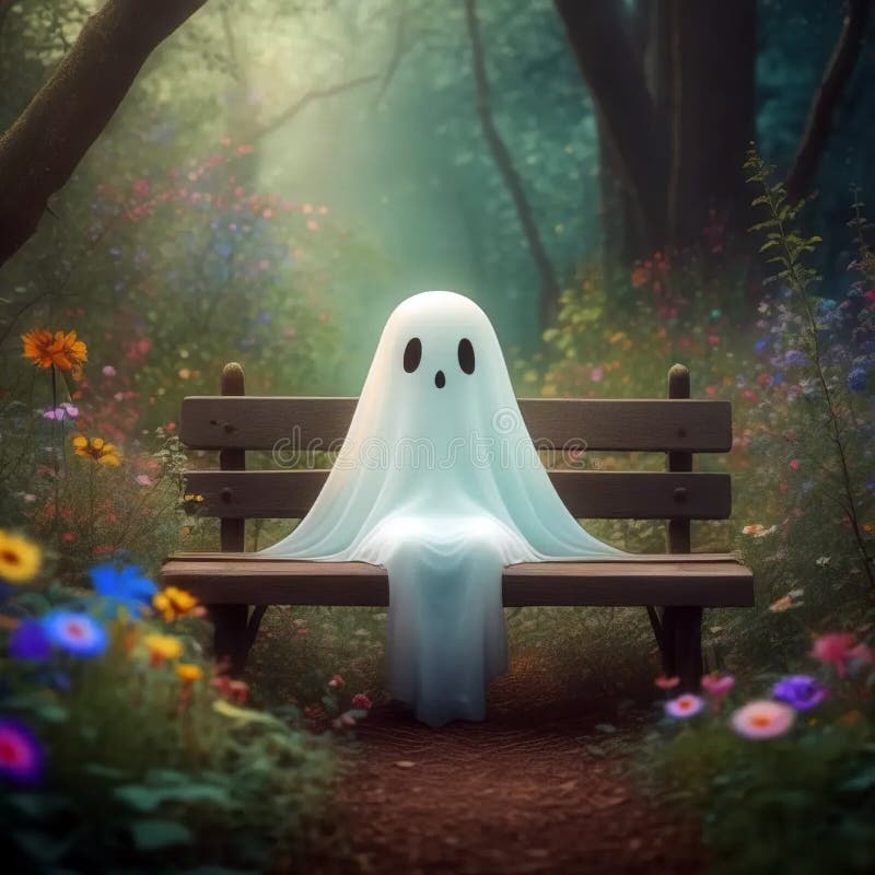 Adorable Ghost Sitting on Rustic Bench in Lush Enchanted Forest Stock ...