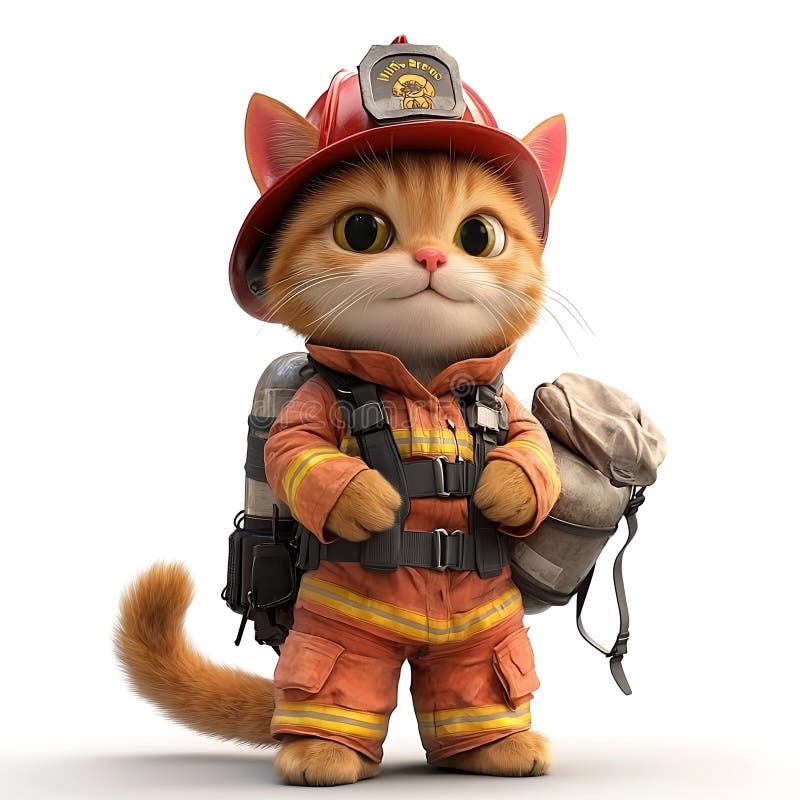 Adorable Ginger Cat Firefighter in Uniform with Backpack 3D Render ...