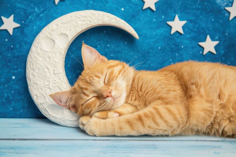 Cute Ginger Cat Sleeping on Moon Night Sky Background Stars Stock ...