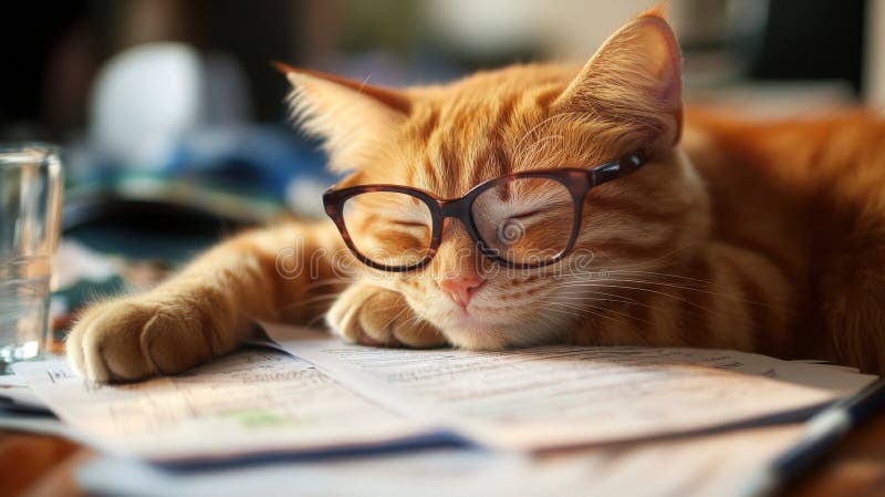 Adorable Ginger Cat Peacefully Sleeping on Important Papers and Wearing Glasses, Symbolizing ...