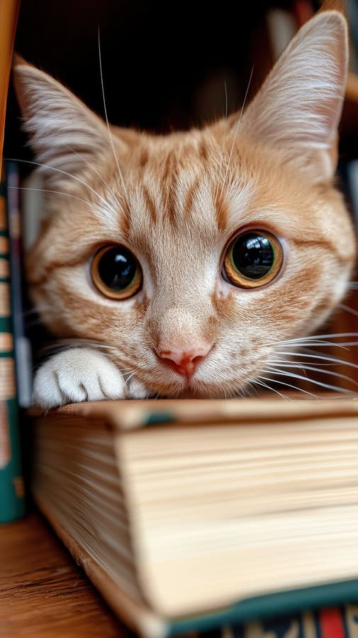 Adorable Ginger Cat Peeking Curiously from between Books on a Shelf Stock Illustration ...