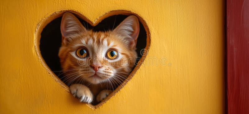 Adorable Ginger Cat Peeking through Heart-shaped Hole in Yellow Wall ...