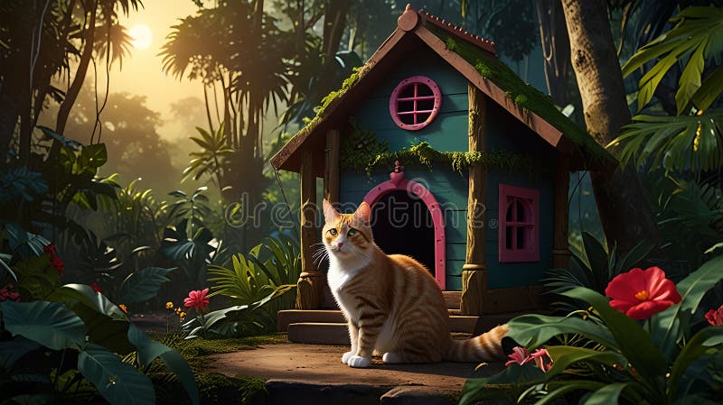 Adorable Ginger Cat in a Whimsical Jungle Hut Stock Illustration ...