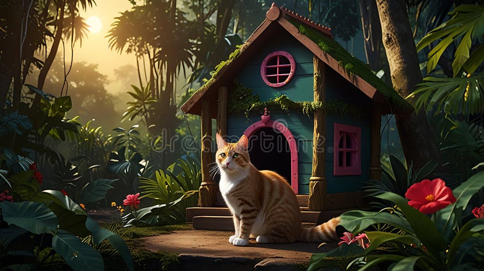 Adorable Ginger Cat in a Whimsical Jungle Hut Stock Illustration ...