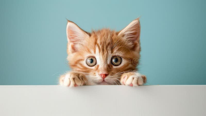 Adorable Ginger Kitten Holding Blank White Sign Isolated on White ...