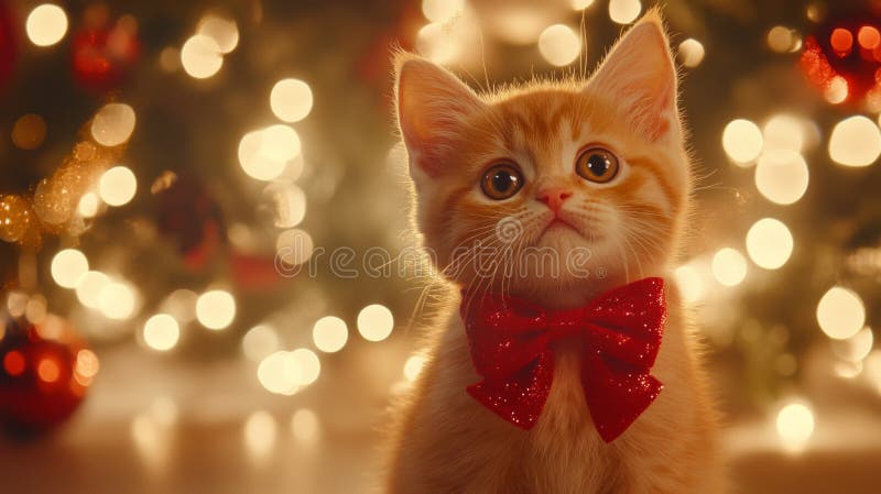 Adorable Ginger Kitten Christmas Lights Festive Bow Stock Illustration ...