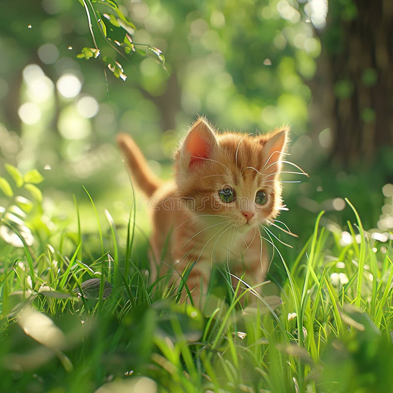 Adorable Ginger Kitten Exploring Lush Green Grass in Sunlight Stock ...