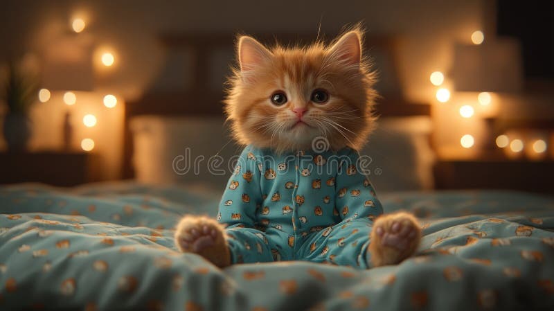 Adorable Ginger Kitten in Pajamas Sitting on Bed with Cozy Lights Stock ...