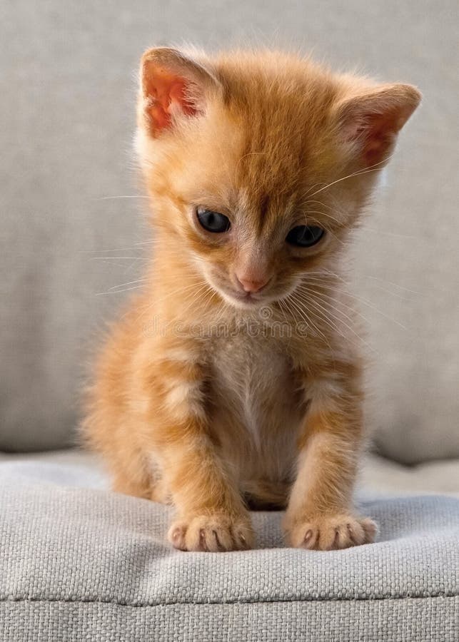 Adorable Ginger Kitten Sitting on a Light Gray Sofa Stock Photo - Image ...