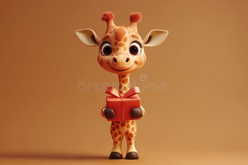 Adorable Giraffe Cartoon Character Holding a Red Present Stock ...