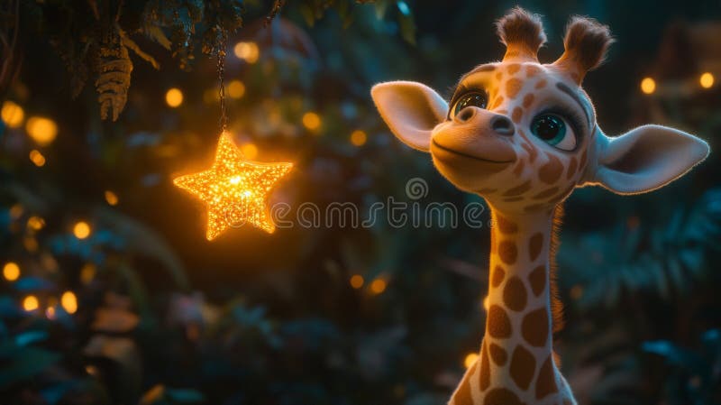 Adorable Giraffe Gazing at a Sparkling Star in a Dark Forest Stock ...