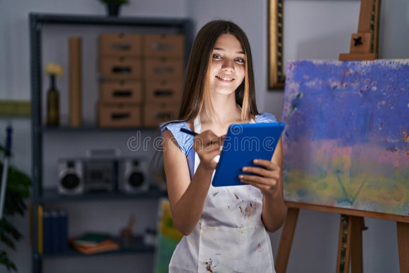 Adorable Girl Artist Using Touchpad Drawing at Art Studio Stock Image ...
