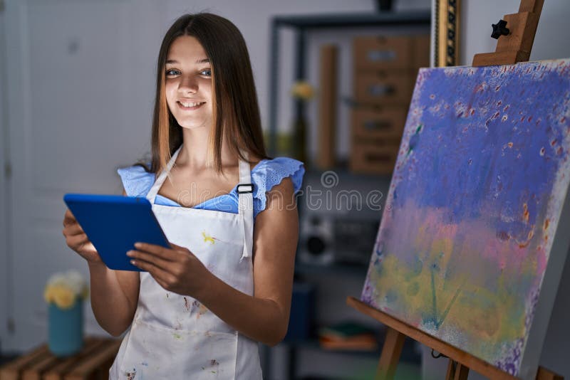 Adorable Girl Artist Using Touchpad Drawing at Art Studio Stock Photo ...