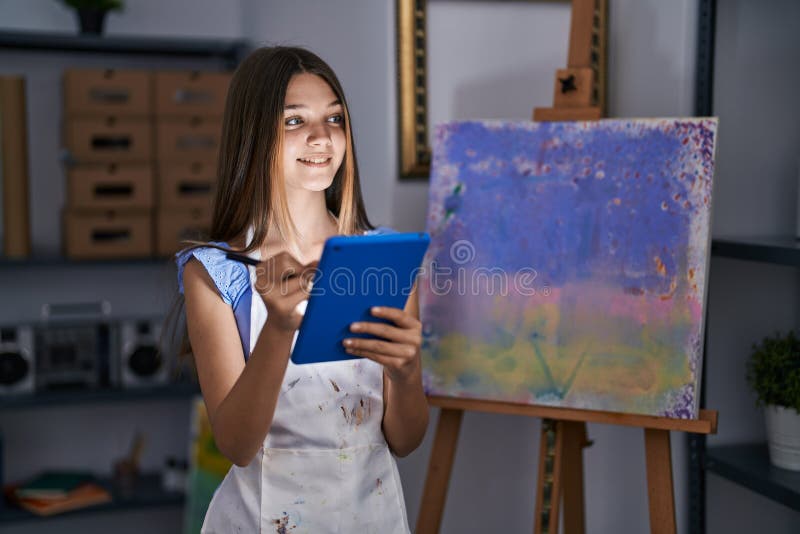 Adorable Girl Artist Using Touchpad Drawing at Art Studio Stock Image ...
