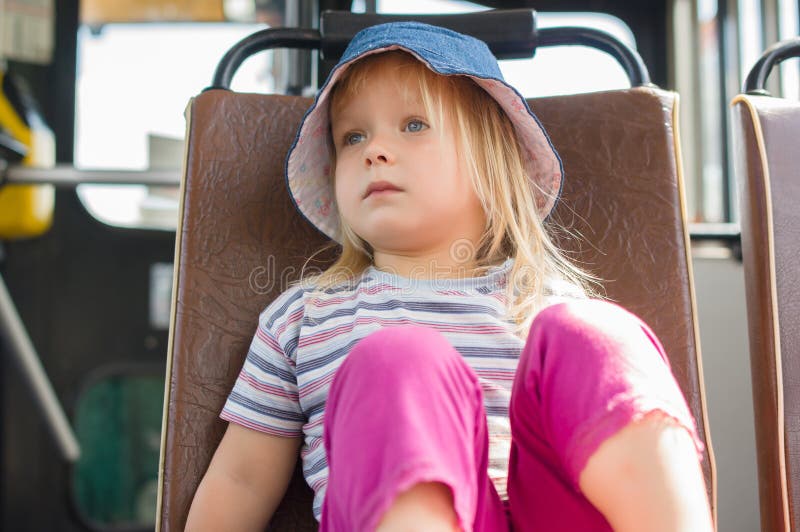 Adorable Girl in Blue Hat Ride on Bus Stock Photo - Image of happiness ...