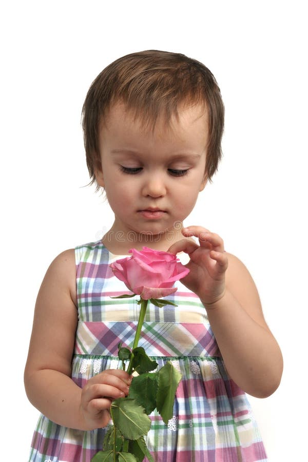 Adorable Girl Holding Pink Rose Stock Image - Image of beautiful ...