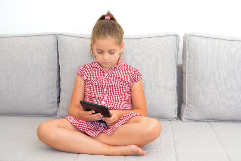 Adorable Girl Learning with Her Tablet Device Stock Image - Image of ...