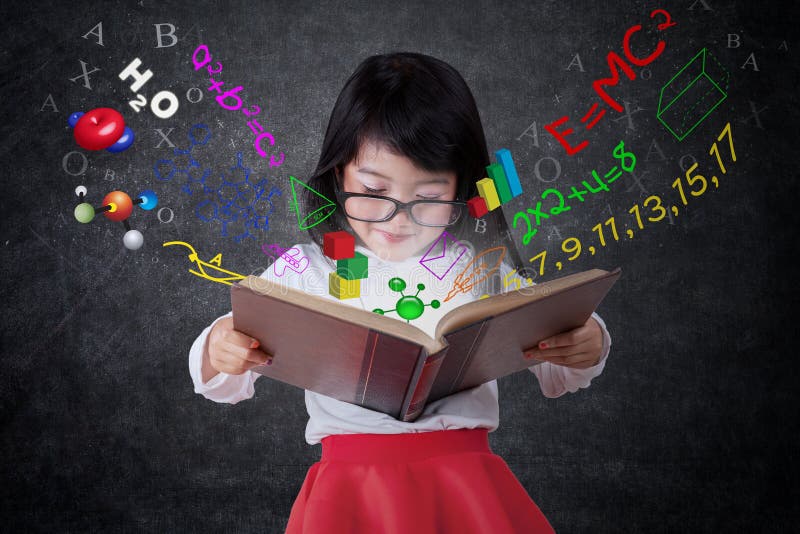 Adorable Girl Reading Book with Formula Stock Photo - Image of little ...