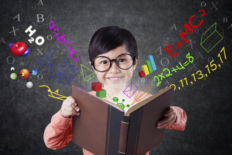 Adorable Girl Reading Book with Formula Stock Photo - Image of ...