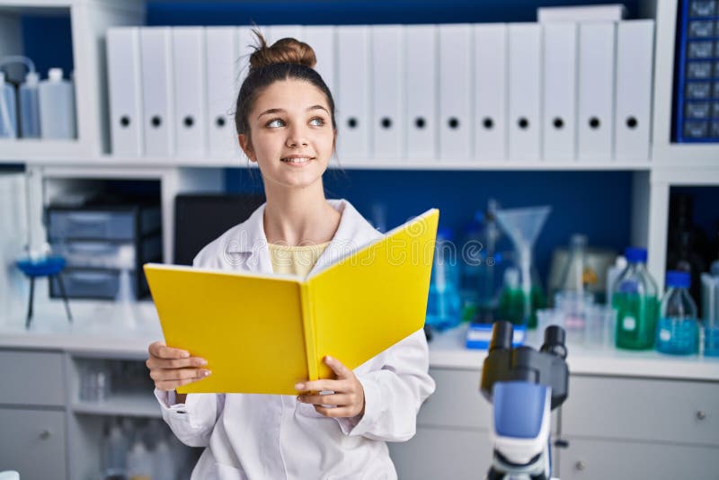 Adorable Girl Scientist Reading Book Studying at Laboratory Stock Image ...