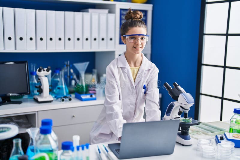 Adorable Girl Scientist Using Laptop Working at Laboratory Stock Photo ...