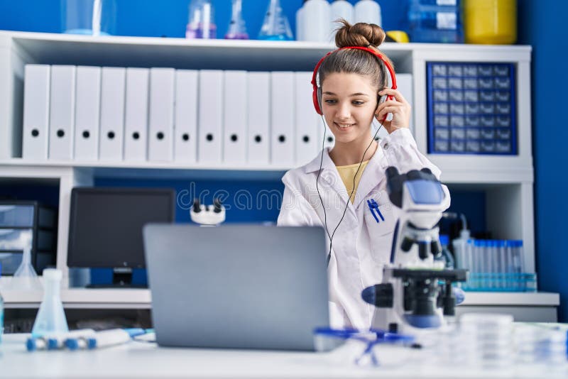 Adorable Girl Scientist Using Laptop Working at Laboratory Stock Photo ...