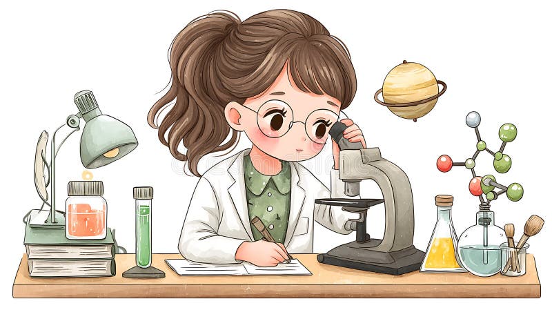Adorable Girl Scientist Using Microscope in Watercolor Style Lab ...