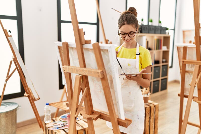 Adorable Girl Smiling Confident Drawing at Art Studio Stock Image ...