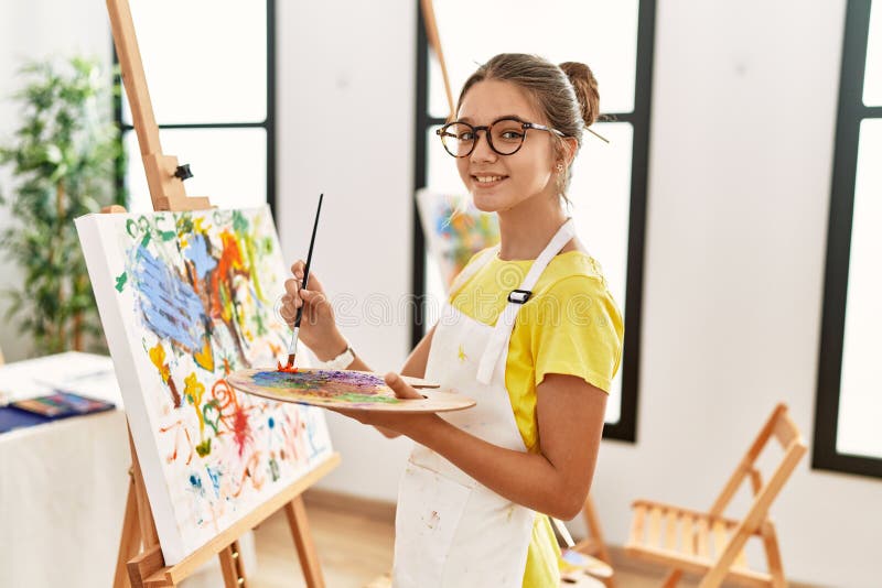 Adorable Girl Smiling Confident Drawing at Art Studio Stock Image ...