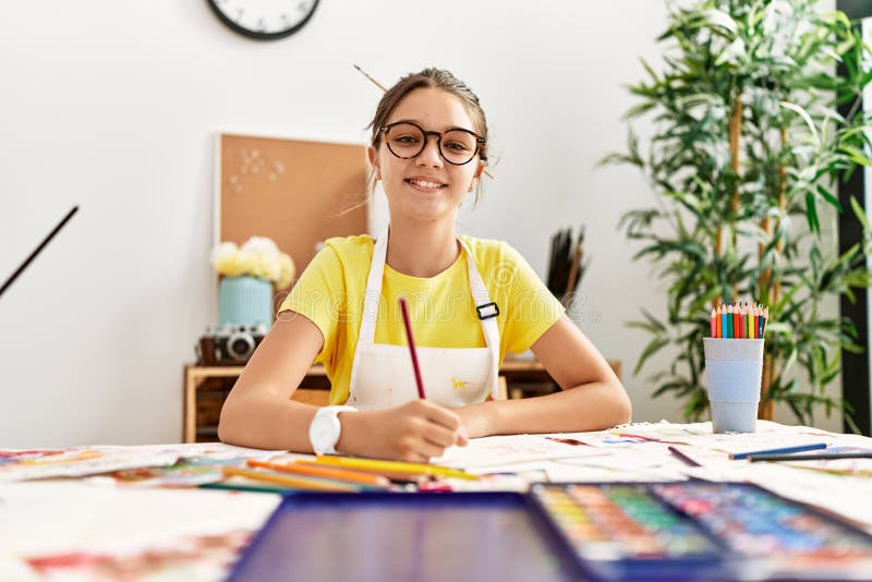 Adorable Girl Smiling Confident Drawing at Art Studio Stock Image ...