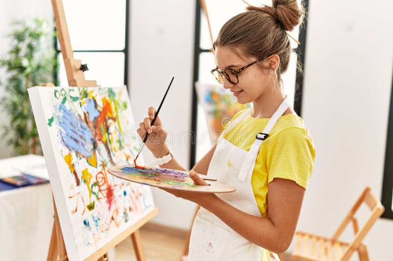 Adorable Girl Smiling Confident Drawing at Art Studio Stock Image ...
