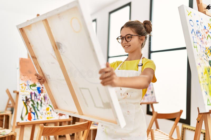Adorable Girl Smiling Confident Looking Canvas Draw at Art Studio Stock ...