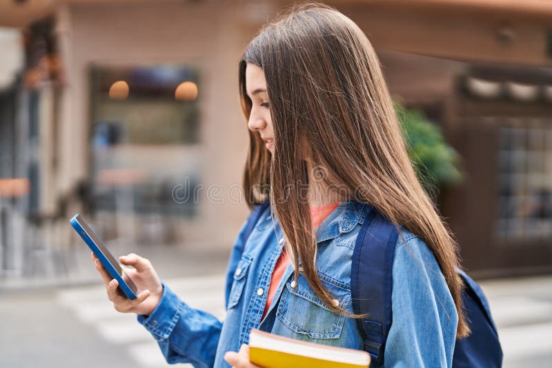 Adorable Girl Student Using Smartphone at Street Stock Photo - Image of ...