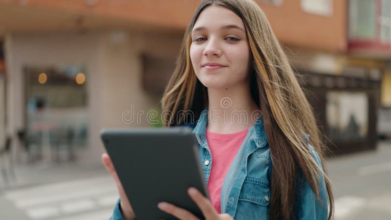 Adorable Girl Student Using Touchpad at Street Stock Video - Video of ...