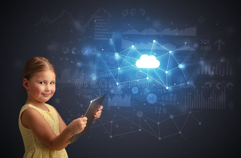 Girl Holding Tablet with Cloud Technology Concept Stock Image - Image ...