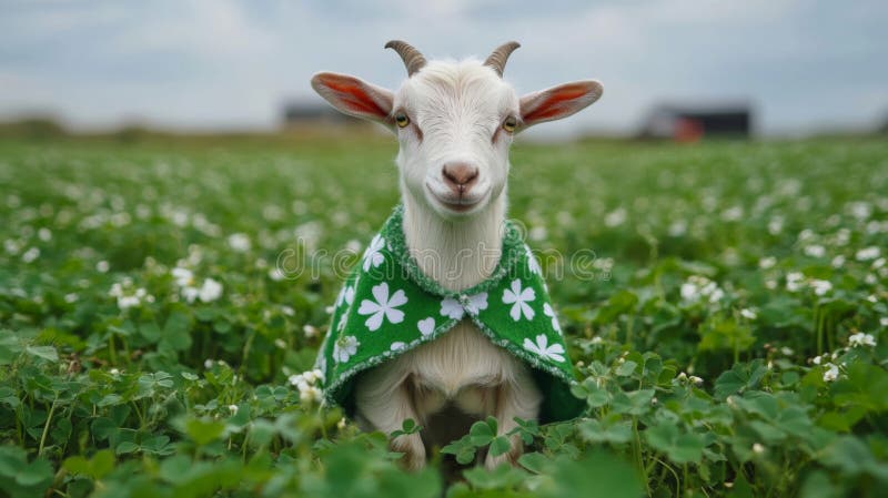 Adorable Goat Wearing Clover Patterned Cape in Field Stock Illustration ...